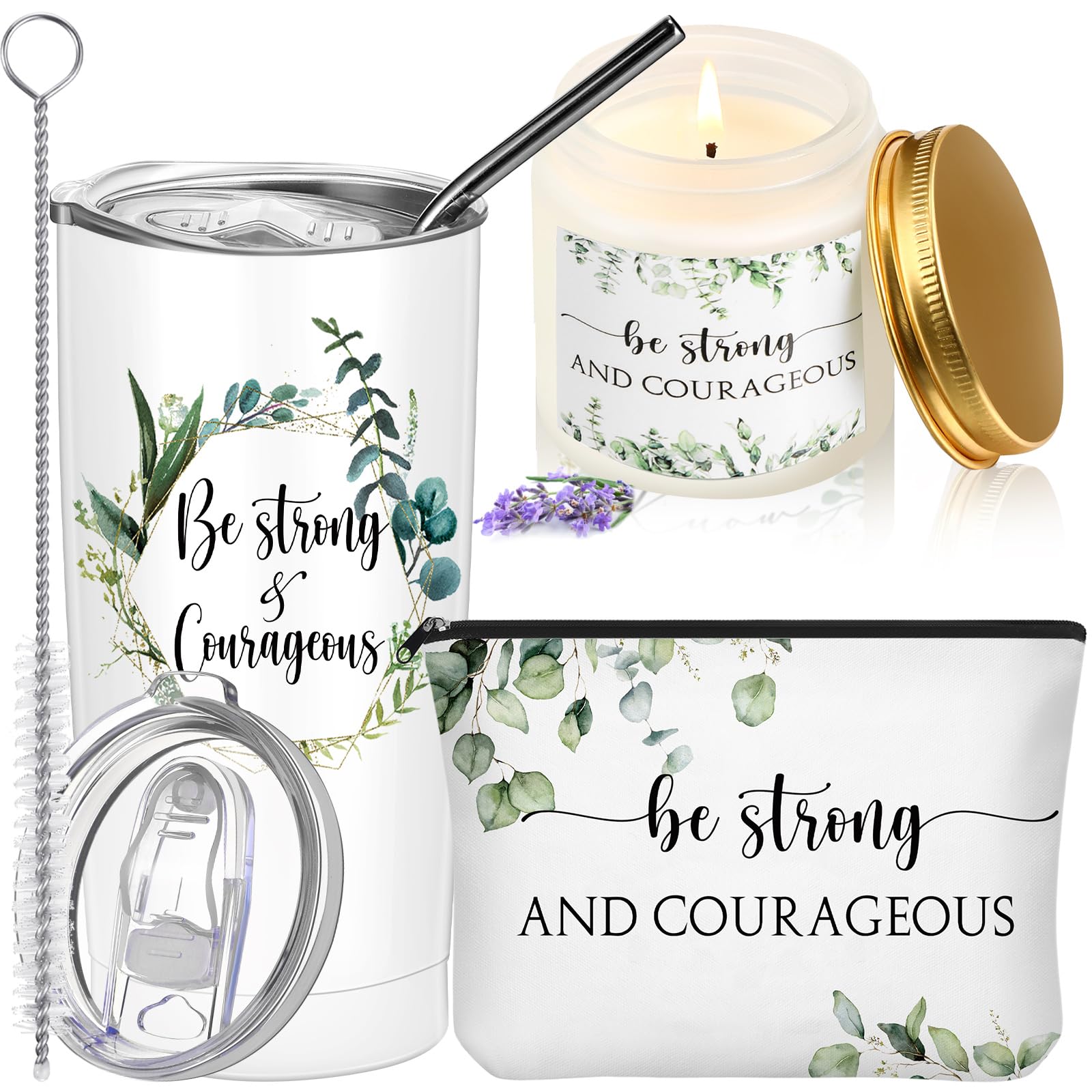 Sieral 3 Pcs Christian Gifts for Women Faith Be Still and Know Be Strong and Courageous Inspirational Travel Mug Tumbler Christian Prayer Candle Religious Bible Verse Cosmetic Bag for Mother(Strong)