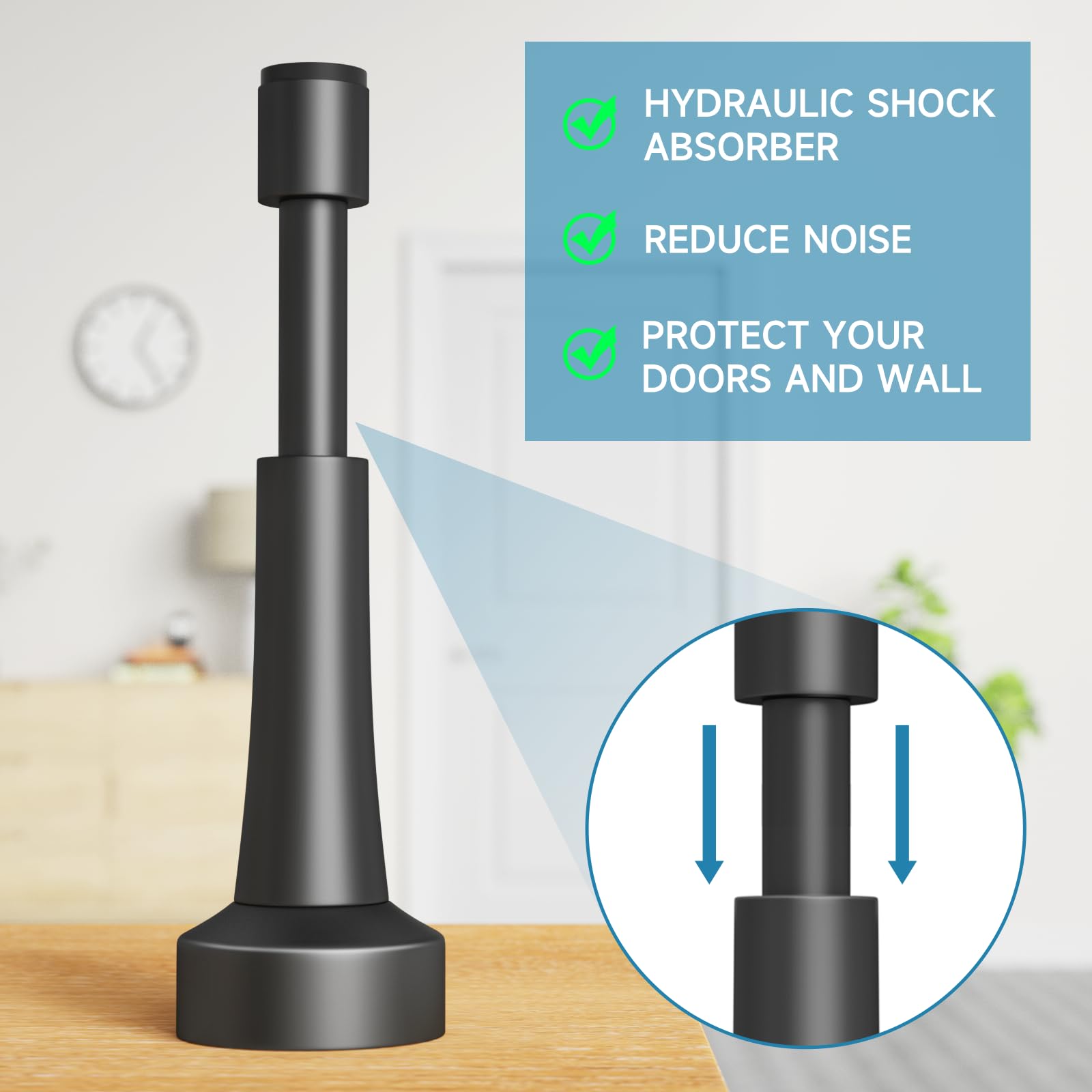 2PCS Spring Door Stoppers, Aluminum Door Stoppers for Bottom of Door, Hydraulic Shock Absorbent Technology, Matte Silicone Tip Black Door Stopper, 4.33 Inch Height