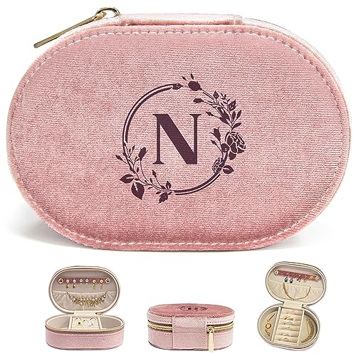 Initial N Oval Velvet Travel Jewelry Box for Girls, Jewelry Holder Organizer - Gifts for Best Friends Women Mom Sister Coworker Wife Girlfriend - Birthday Gifts for Women, Women Gifts for Christmas