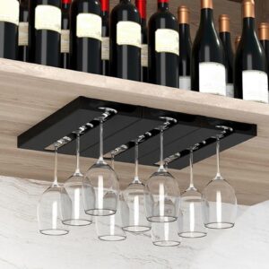 wine glass holder under shelf or cabinet, hanging stemware rack organizer hanger for bar cabinet kitchen and restaurant, no drilling glassware drying storage hanger for goblets, wine glasses