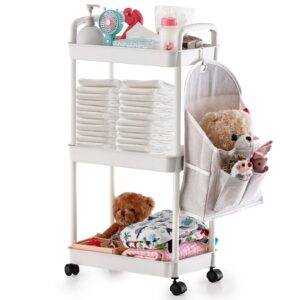 barydat baby diaper cart with wheels and handle 3 tier rolling cart diaper organizer with hanging diaper stacker nursery caddy baby organizer for storage baby clothes, wipes, bibs, changing table mats