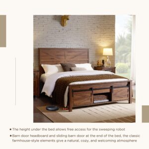 JXQTLINGMU Farmhouse Wood Bed Frame Full Size with Sliding Barn Door Storage Cabinets and Headboard, Solid Wood Slats Support, Noiseless, No Box Spring Needed, Brown