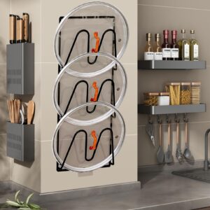 2 Pcs Pot Lid Organizer Rack, 3 Tier Pot Lid Organizer, No Drilling Adhesive Pan Lid Organizer, Wall Mount Pot Lid Holder, Hanging Pot Cover Storage Rack, Pot Lid Rack for Kitchen Cabinet Door (Black)