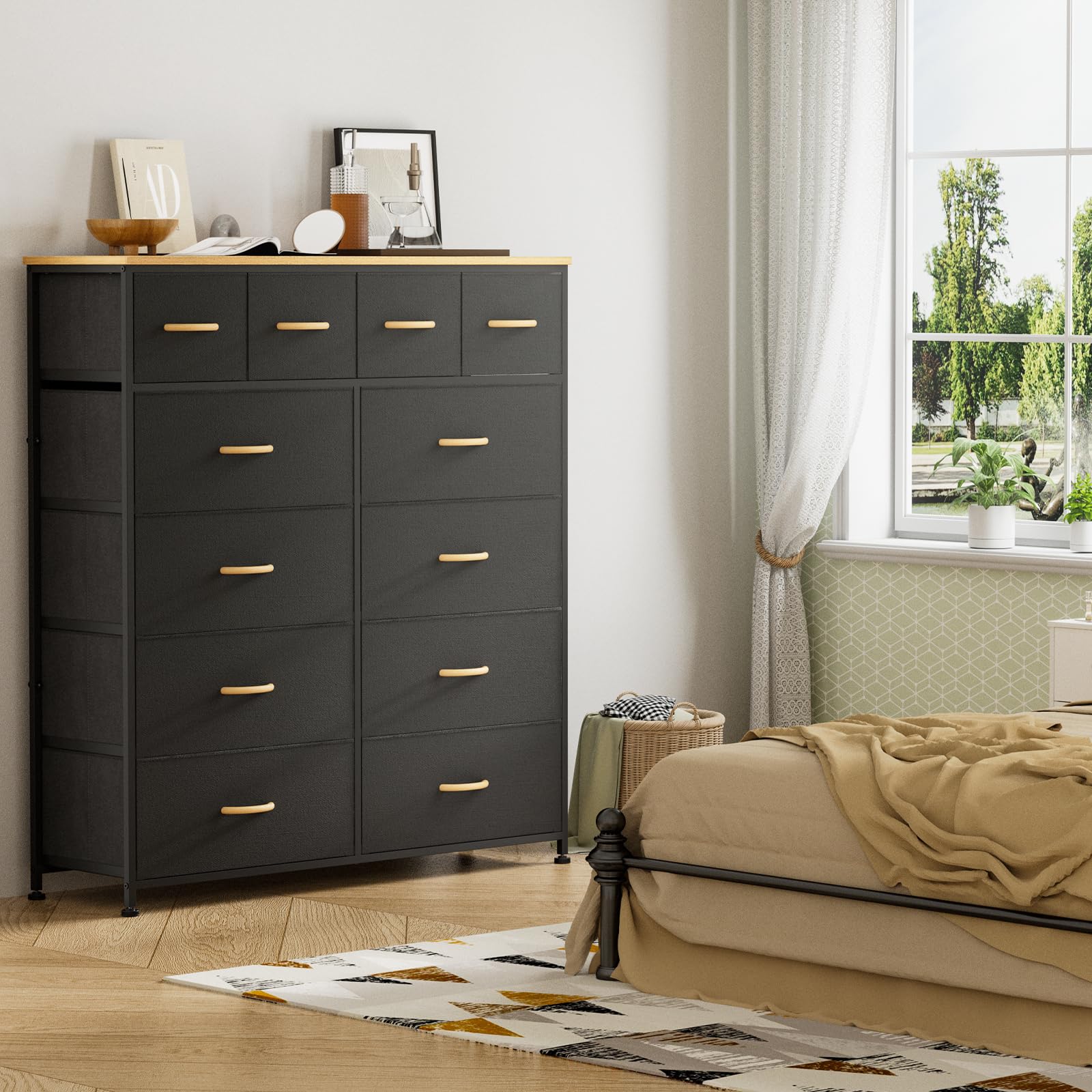 YILQQPER Dresser for Bedroom with 12 Drawers, Large Tall Dresser for Closet, Living Room, Nursery, Dorm, Chest of Drawers with Fabric Bins, Leather Front, Wooden Top, Metal Handle (Cyan)