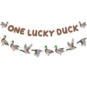 sursurprise duck hunting first birthday decorations, one lucky duck banner mallard duck garland for boys 1st birthday party supplies