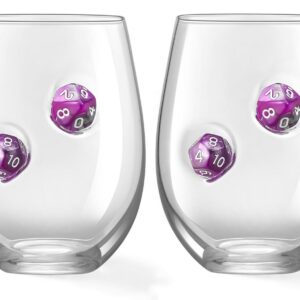 LIIGEMI Stemless Wine Glass with DND Dice Embedded, Handmade Red Wine Glasses, Drinking Glasses, 18.5 oz，Set of 2，Gift for D&D or RPG Player (Purple)