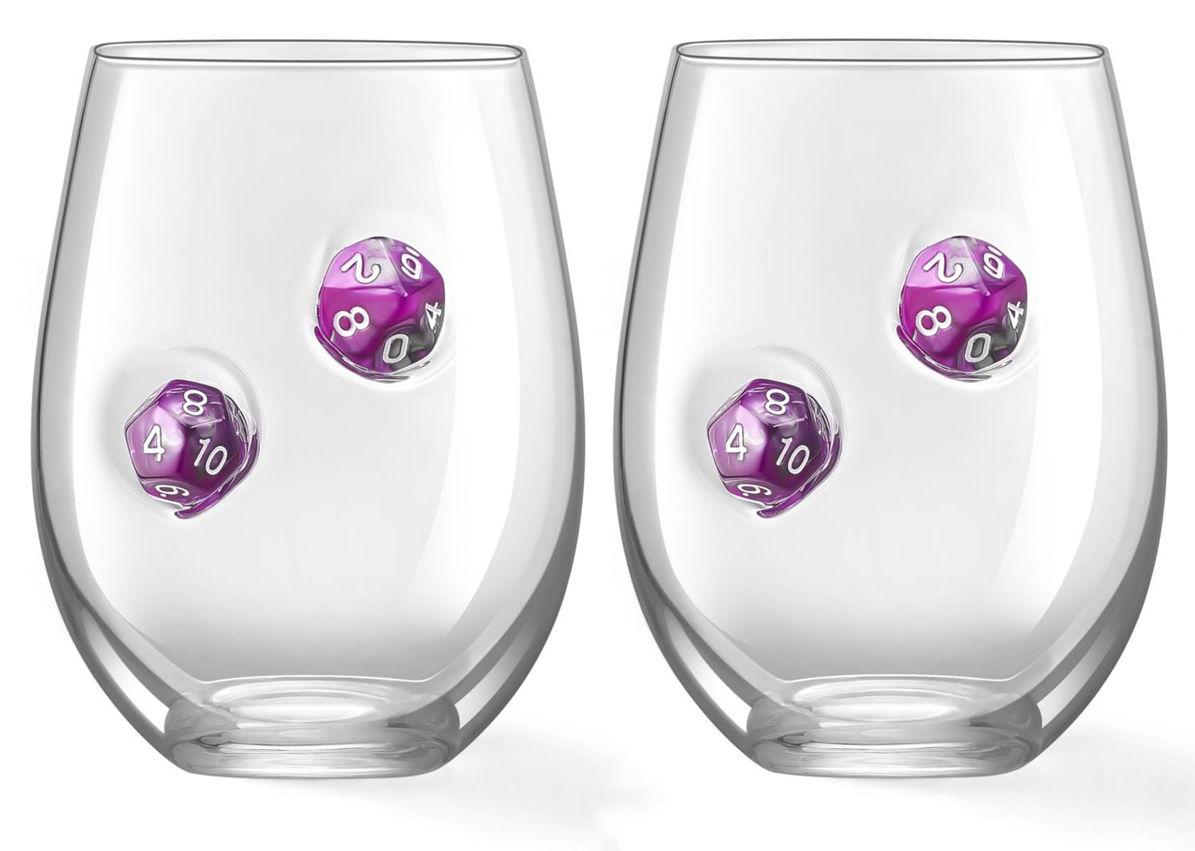 LIIGEMI Stemless Wine Glass with DND Dice Embedded, Handmade Red Wine Glasses, Drinking Glasses, 18.5 oz，Set of 2，Gift for D&D or RPG Player (Purple)