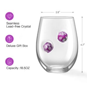 LIIGEMI Stemless Wine Glass with DND Dice Embedded, Handmade Red Wine Glasses, Drinking Glasses, 18.5 oz，Set of 2，Gift for D&D or RPG Player (Purple)