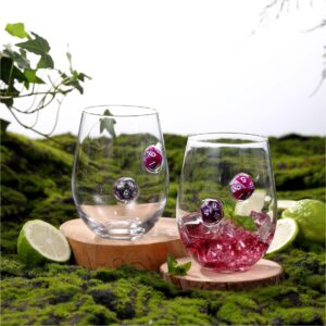 LIIGEMI Stemless Wine Glass with DND Dice Embedded, Handmade Red Wine Glasses, Drinking Glasses, 18.5 oz，Set of 2，Gift for D&D or RPG Player (Purple)