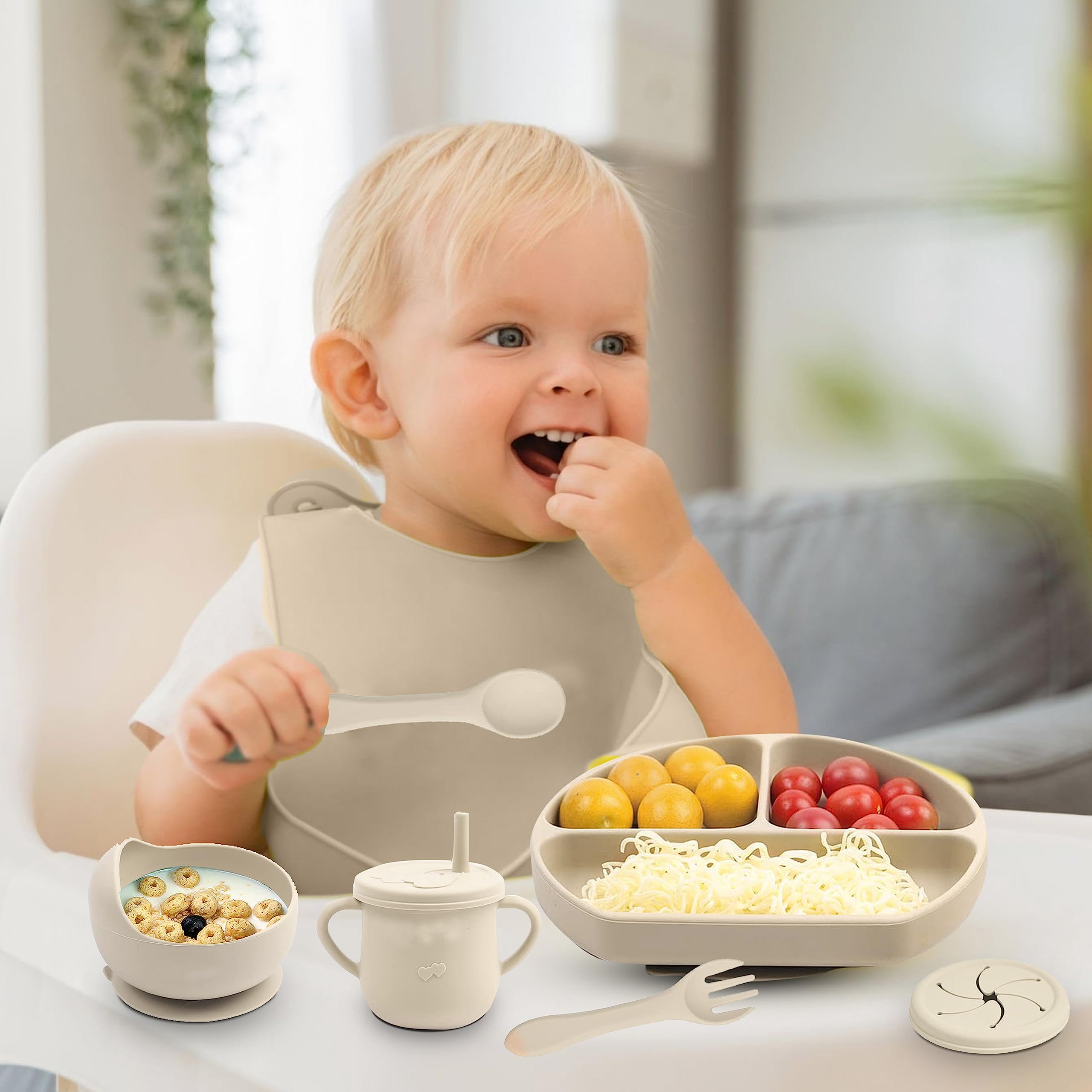 Baby Feeding Set Silicone Suction Bowls-Sippy and Snack Cup-Divided Plate-Feeding Eating Utensils Set with Bibs (Pink)