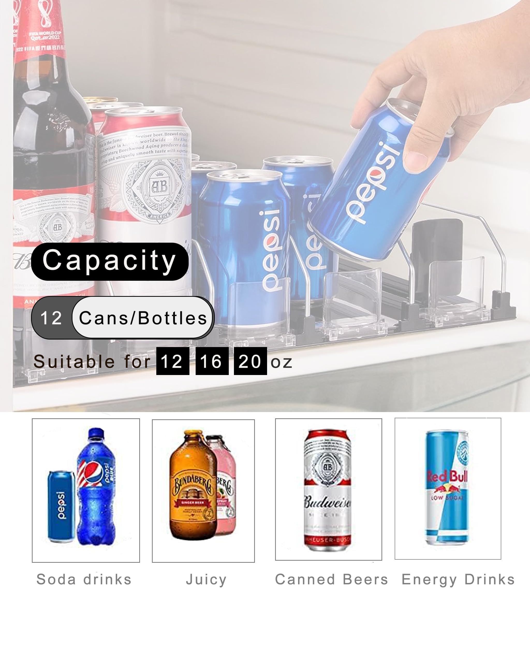 Drink Organizer for Fridge, Soda Can Beverage Dispenser Display Self- Pusher Glide Fridge Organizers - Holds Up to 12 Cans (310mm, White- baffle)