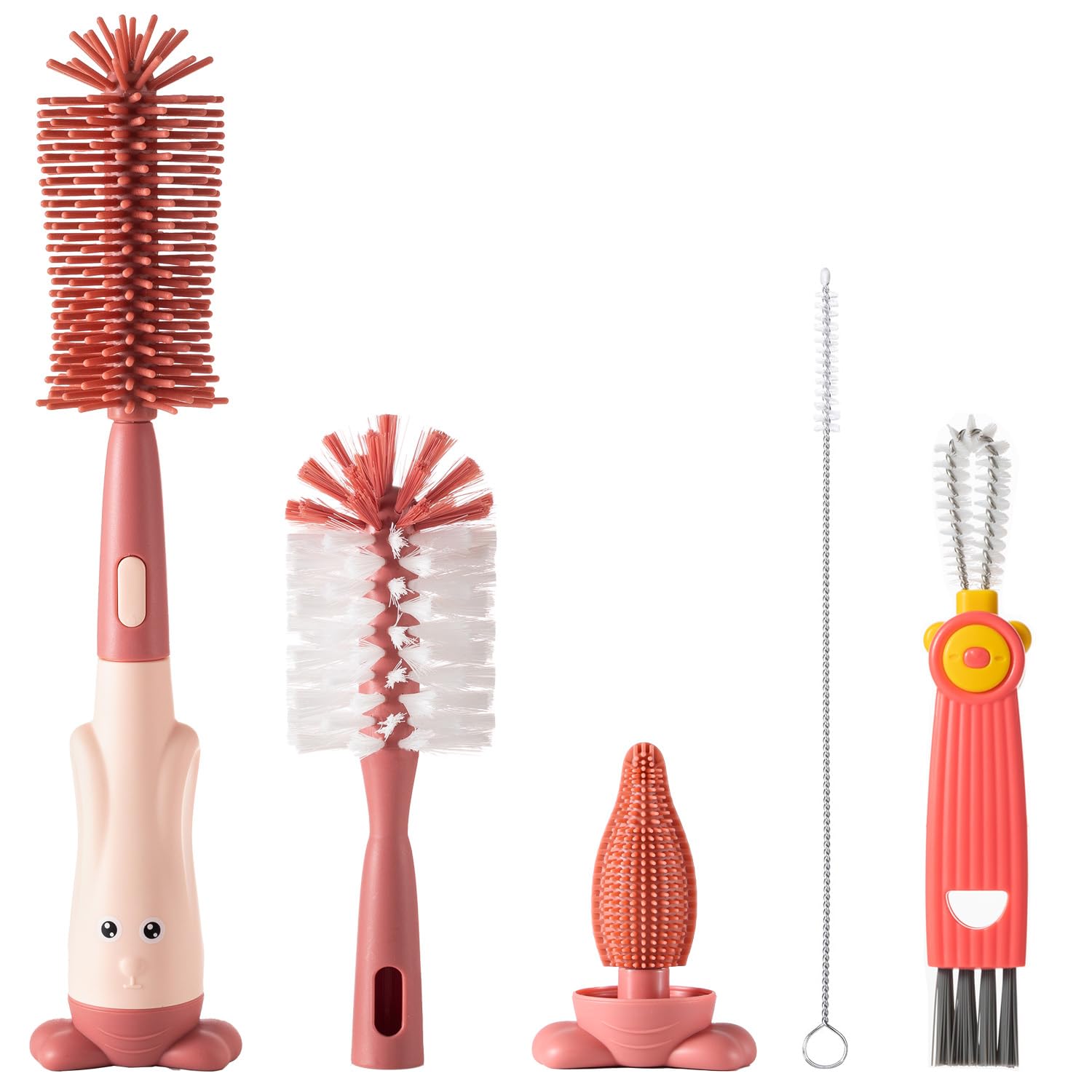 Ariseno 5-in-1 Baby Bottle Brush Set, Bottle Brush for Baby, Baby Bottle Scrubber, Including Silicone & Nylon Bottle Brush, Bottle Cap Brush, Straw Brush, Nipple Brush, BPA-Free (Red)