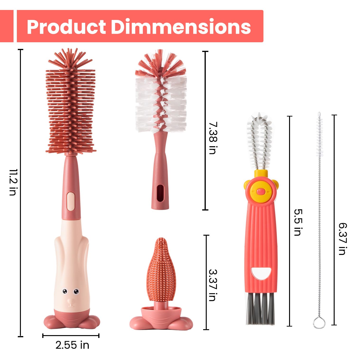 Ariseno 5-in-1 Baby Bottle Brush Set, Bottle Brush for Baby, Baby Bottle Scrubber, Including Silicone & Nylon Bottle Brush, Bottle Cap Brush, Straw Brush, Nipple Brush, BPA-Free (Red)