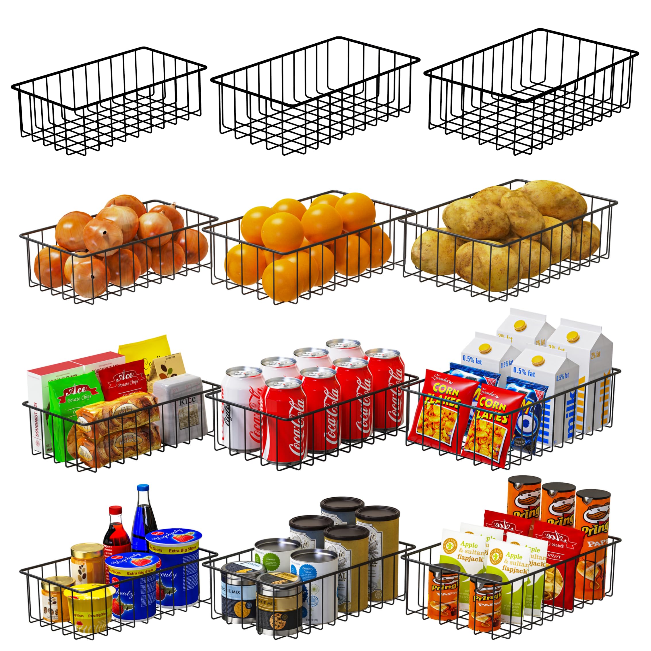 12 Pack (3 Szie) Small Wire Storage Baskets for Organizing,Pantry Organization Bins for Cabinets, Metal Basket for Kitchen, Laundry, Garage, Fridge, Bathroom Countertop,Freezer Organizer(Black)