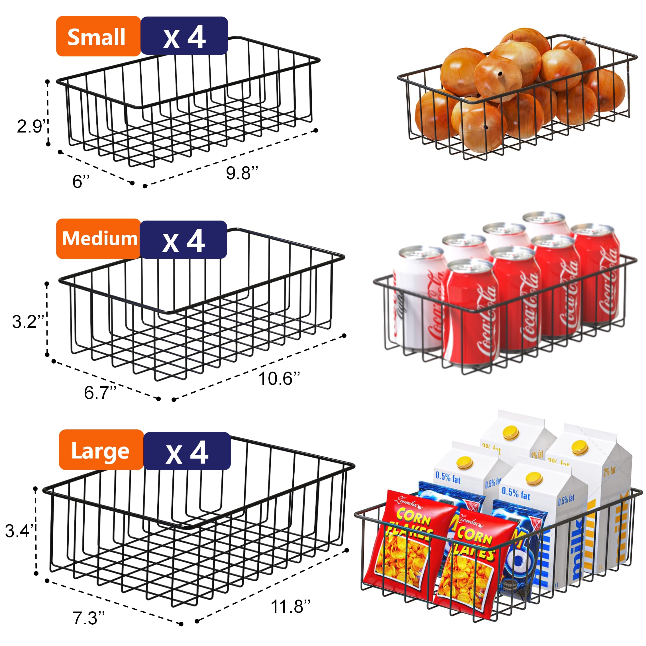 12 Pack (3 Szie) Small Wire Storage Baskets for Organizing,Pantry Organization Bins for Cabinets, Metal Basket for Kitchen, Laundry, Garage, Fridge, Bathroom Countertop,Freezer Organizer(Black)