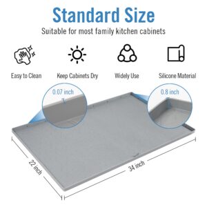 RENWA Under Sink Mat for Bathroom with Scrubber and Towel | 34’’x 22’’ | Silicone Under Sink Liner has Drain Hole | Cabinet Protector, Under Sink Tray for Drips, Leaks, Spills (Grey)