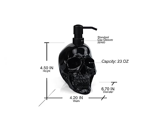 Indecor Home Halloween Soap Dispenser for Kitchen Countertop, Bathroom Sink, 100% Resin, for Hand Soap, Dish Soap, Lotion Hand Sanitizer (Gloss Black Skull)