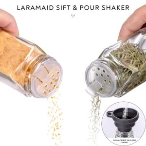 Laramaid 6oz 30Pack Glass Jars with Minimalist Black Spice Labels, Shaker Lids Dispenser with Airtight Black Metal Caps, White Pen, Cleaning Brush & Collapsible Silicone Funnel