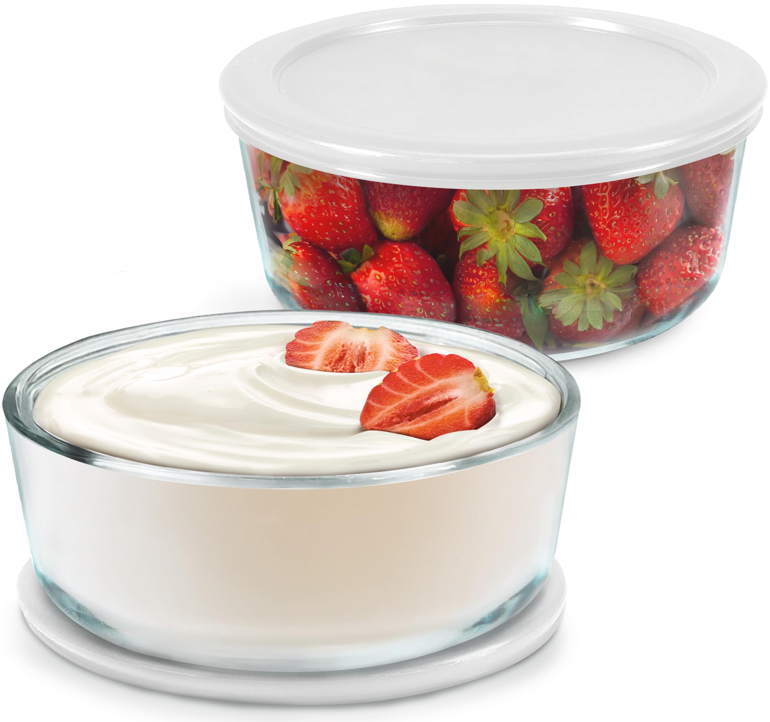 Ultimate Yogurt Containers 2 Pack - Make More Yogurt with 1-Quart Glass Containers (4 Cup) - Perfect for Food Storage & Meal Prep - 100% BPA free & Oven Safe Round Bowl Set with Lids