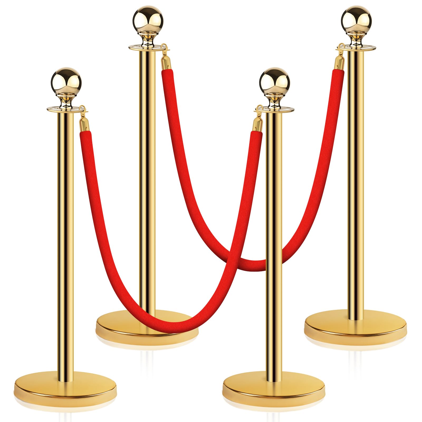 Stainless Steel Stanchion Post Queue 5 ft Red Velvet Rope Red Carpet Ropes and Poles Crowd Control Barriers Sand Injection Hollow Base and Velvet Ropes Set for Party Supplies (4 Pieces, Gold)