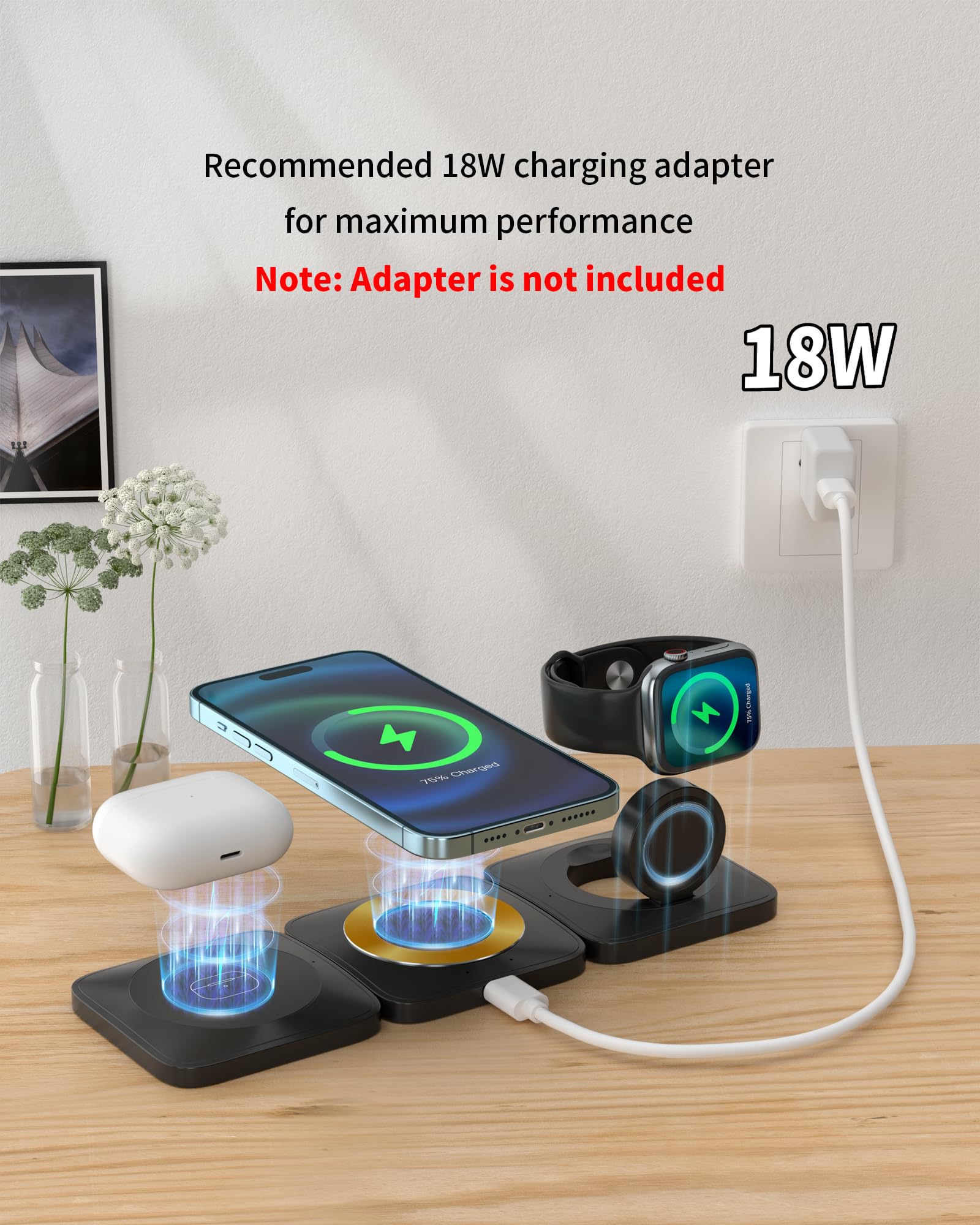 3 in 1 Wireless Charger for iPhone, iAXBi Magnetic Cell Phone Charging Station, Detachable Travel Charger Pad for iPhone 14/13/12 Series AirPods 3/2/Pro iWatch(Adapter not Included)