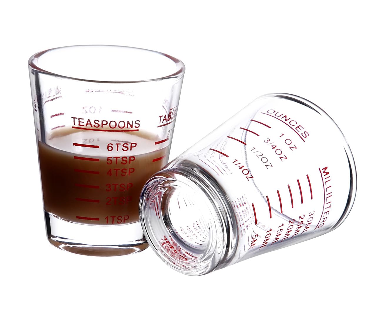 Shot Glasses Measuring cup Liquid Heavy Glass Wine Glass Espresso Shot Glass-Incremental Measurement 1oz, 6 Tsp, 2 Tbs, 30ml (2 pack)(red)