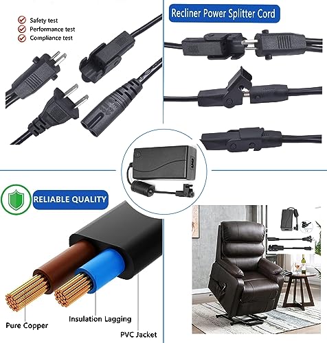 Universal Power Cord for Recliner Chair - 2-Pin Power Adapter with Extension Cord for Lift Chair, Recliner Sofa, Recliner Couch, 29V2A Power Supply Compatible with Power Recliner Most Makes & Models