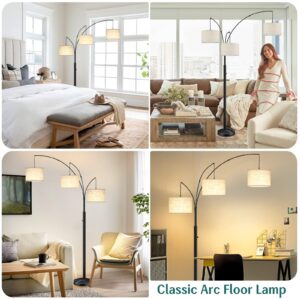 Floor Lamps for Living Room, 3-Light Dimmable Arc Tall Standing Floor Lamp with Adjustable Hanging Fabric Shades, Modern Floor Lamp with Marble Base for Bedroom Office, 3 LED Bulbs Included