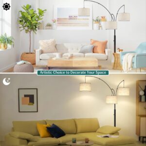 Floor Lamps for Living Room, 3-Light Dimmable Arc Tall Standing Floor Lamp with Adjustable Hanging Fabric Shades, Modern Floor Lamp with Marble Base for Bedroom Office, 3 LED Bulbs Included