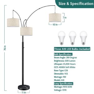 Floor Lamps for Living Room, 3-Light Dimmable Arc Tall Standing Floor Lamp with Adjustable Hanging Fabric Shades, Modern Floor Lamp with Marble Base for Bedroom Office, 3 LED Bulbs Included