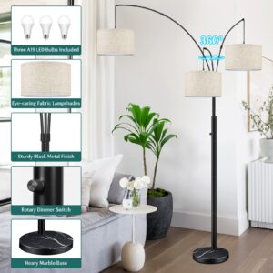 Floor Lamps for Living Room, 3-Light Dimmable Arc Tall Standing Floor Lamp with Adjustable Hanging Fabric Shades, Modern Floor Lamp with Marble Base for Bedroom Office, 3 LED Bulbs Included