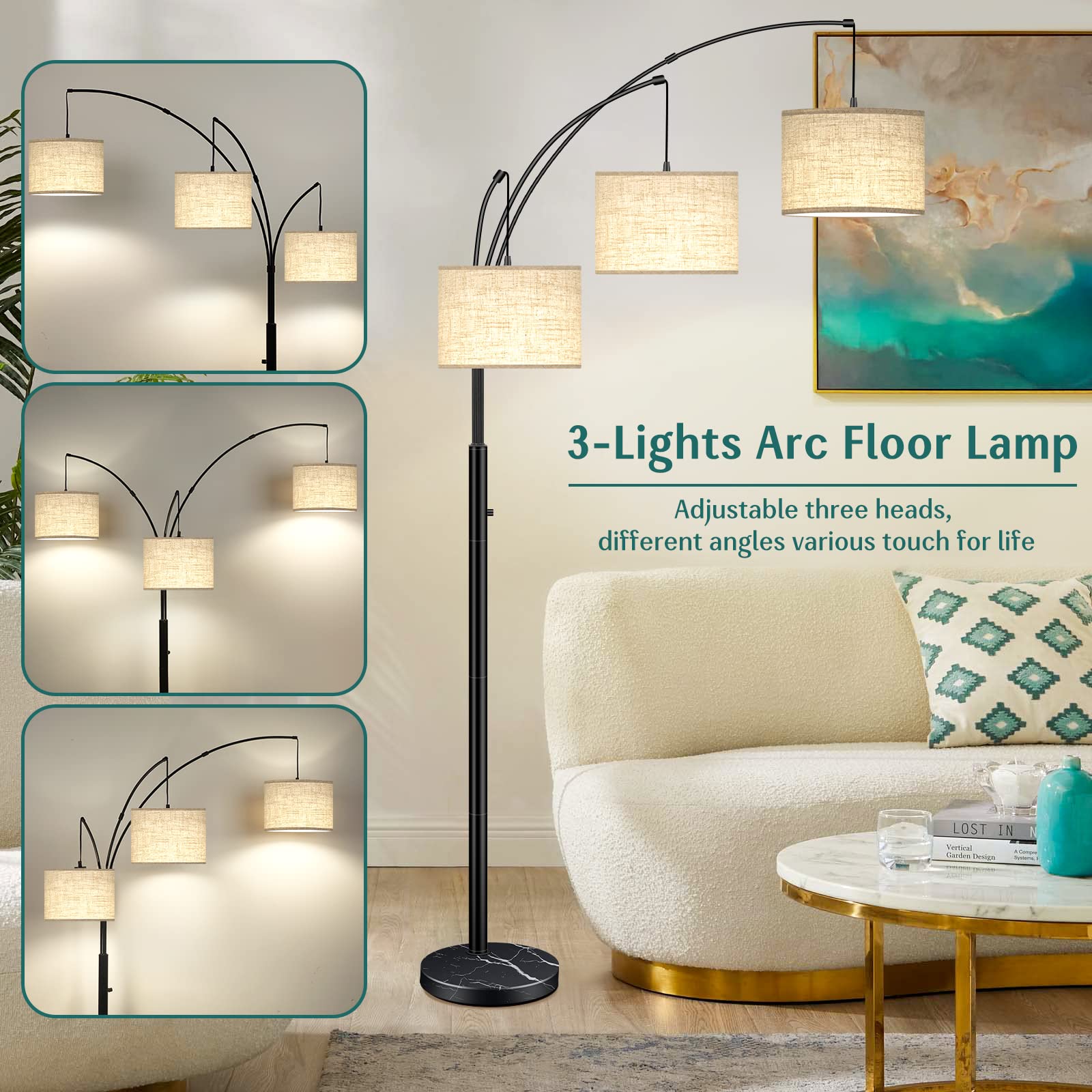 Floor Lamps for Living Room, 3-Light Dimmable Arc Tall Standing Floor Lamp with Adjustable Hanging Fabric Shades, Modern Floor Lamp with Marble Base for Bedroom Office, 3 LED Bulbs Included