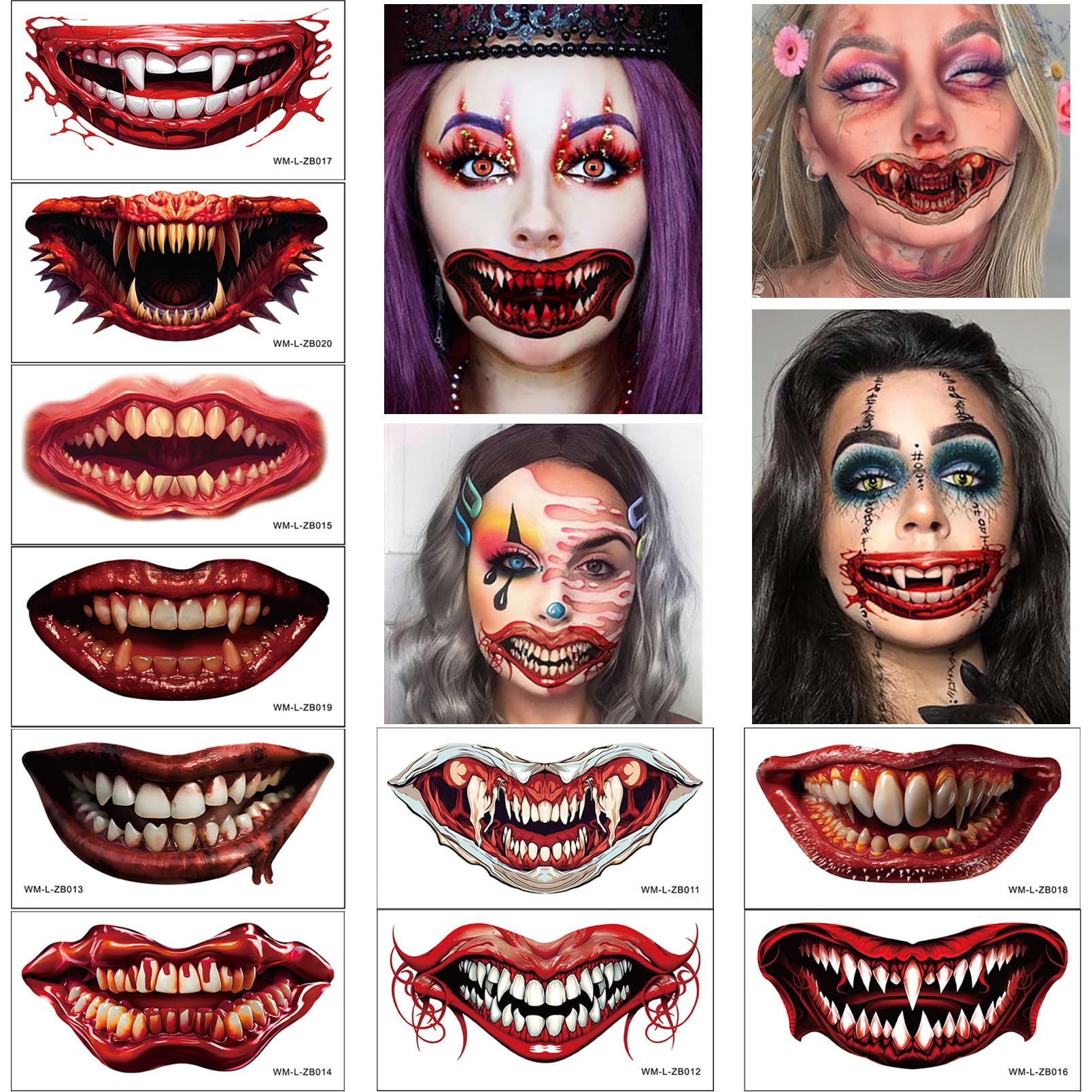 Halloween Clown Horror Mouth Tattoo Stickers 10 Sheets Gothic Halloween Horror Mouth Face Sticker Temporary Tattoo Fake Tattoos for Adults Halloween Prank Makeup Temporary Tattoo Paper Party Favors