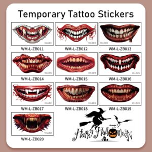 Halloween Clown Horror Mouth Tattoo Stickers 10 Sheets Gothic Halloween Horror Mouth Face Sticker Temporary Tattoo Fake Tattoos for Adults Halloween Prank Makeup Temporary Tattoo Paper Party Favors