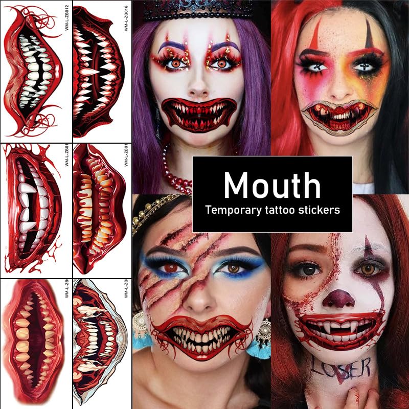 Halloween Clown Horror Mouth Tattoo Stickers 10 Sheets Gothic Halloween Horror Mouth Face Sticker Temporary Tattoo Fake Tattoos for Adults Halloween Prank Makeup Temporary Tattoo Paper Party Favors