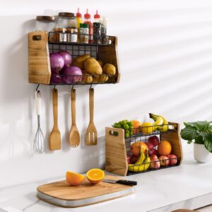 BNING Hanging Fruit Baskets for Kitchen, 2-Set Kitchen Organizers and Storage Baskets as Pantry Organizers and Storage, Small Wire Basket for Wall Mounted & Countertop