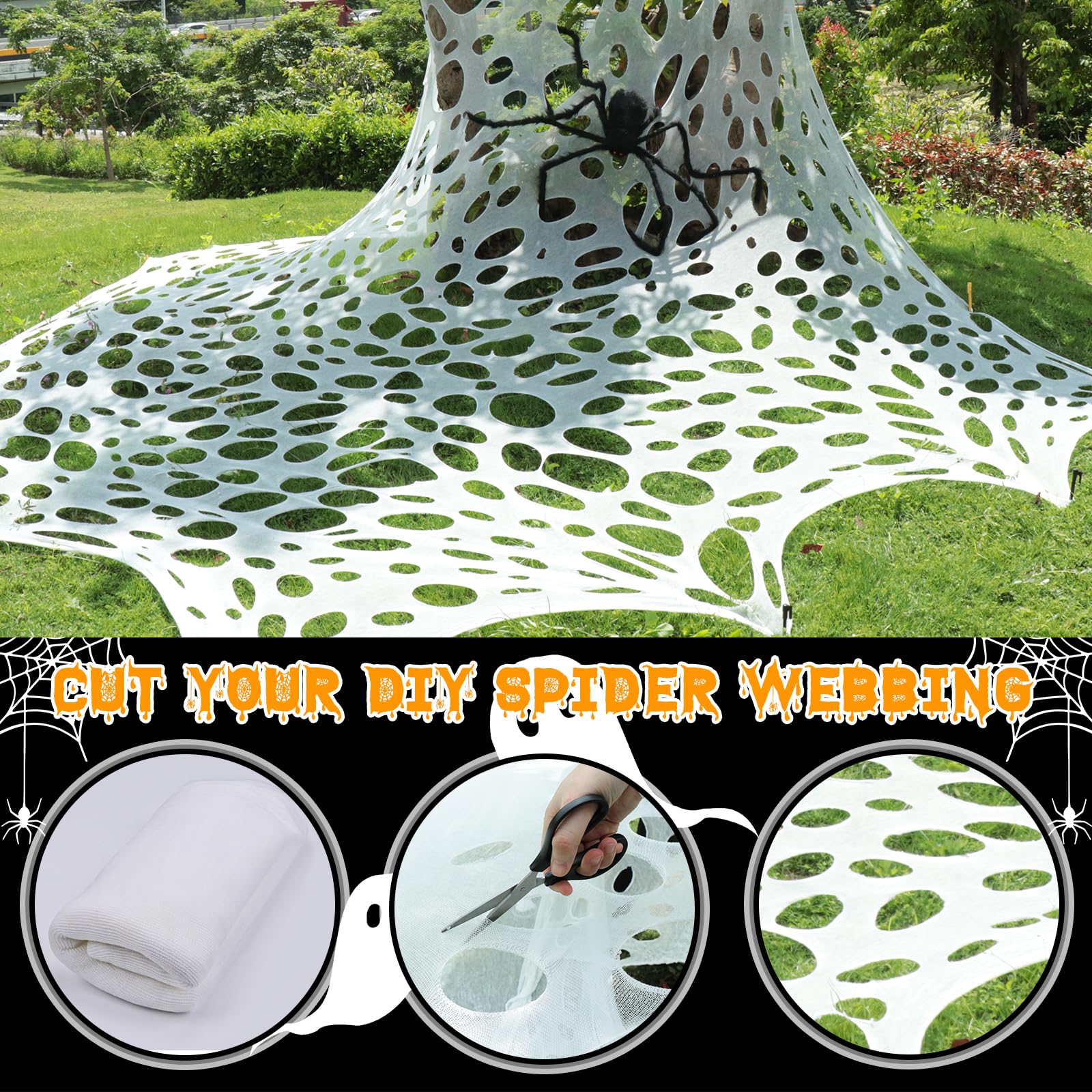 SelfTek 650 Sqft Giant Spid-er Web Halloween Decorations,Beef Netting Stretchy Spid-ers Webbing, Cut-Your-Own Flexible Large Outdoor Spid-er Web Gauze Spid-erwebs Cobwebs for Halloween Decor