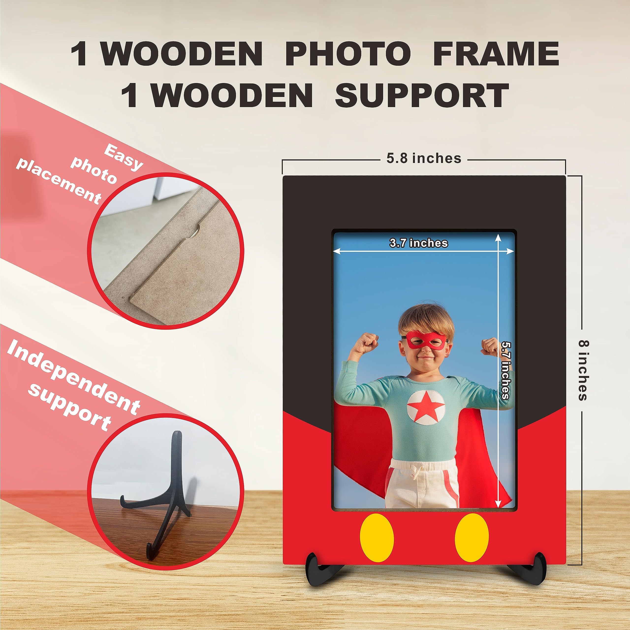 YKYENR Black & Red Wooden Picture Frame With A Stand, 4x6 Cartoon Theme Vertical Photo Frame For Boy & Girls, Birthday Gifts, Home Decorations & Gifts-XK-A09