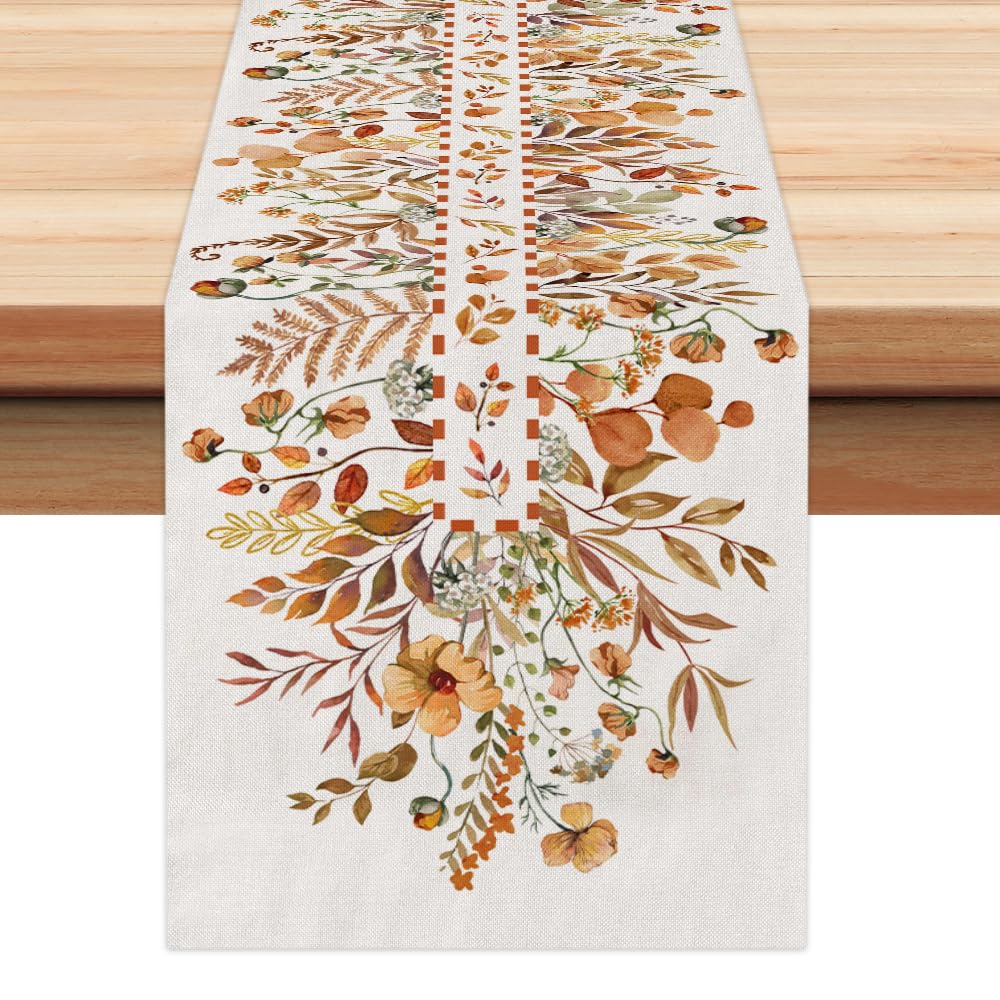 ARKENY Fall Thanksgiving Table Runner 13x72 Inches,Wildflower Leaves Floral Seasonal Burlap Farmhouse Indoor Outdoor Autumn Table Runner for Home AT489-72