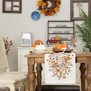 ARKENY Fall Thanksgiving Table Runner 13x72 Inches,Wildflower Leaves Floral Seasonal Burlap Farmhouse Indoor Outdoor Autumn Table Runner for Home AT489-72