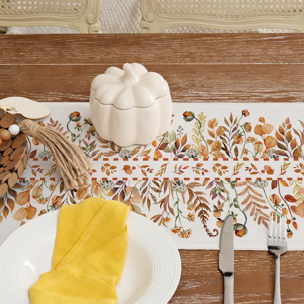 ARKENY Fall Thanksgiving Table Runner 13x72 Inches,Wildflower Leaves Floral Seasonal Burlap Farmhouse Indoor Outdoor Autumn Table Runner for Home AT489-72