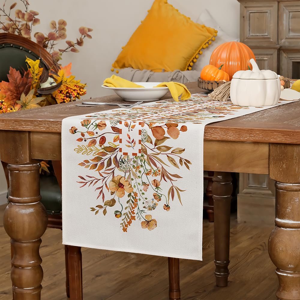 ARKENY Fall Thanksgiving Table Runner 13x72 Inches,Wildflower Leaves Floral Seasonal Burlap Farmhouse Indoor Outdoor Autumn Table Runner for Home AT489-72