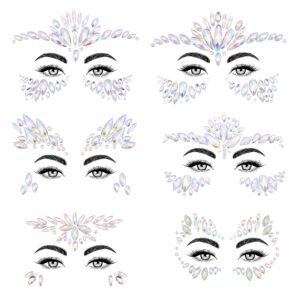 saoropeb face gems - 6 sets mermaid face jewels temporary tattoo stickers acrylic crystal glitter stickers waterproof eye gems stick on rainbow tears rhinestone for party, rave festival