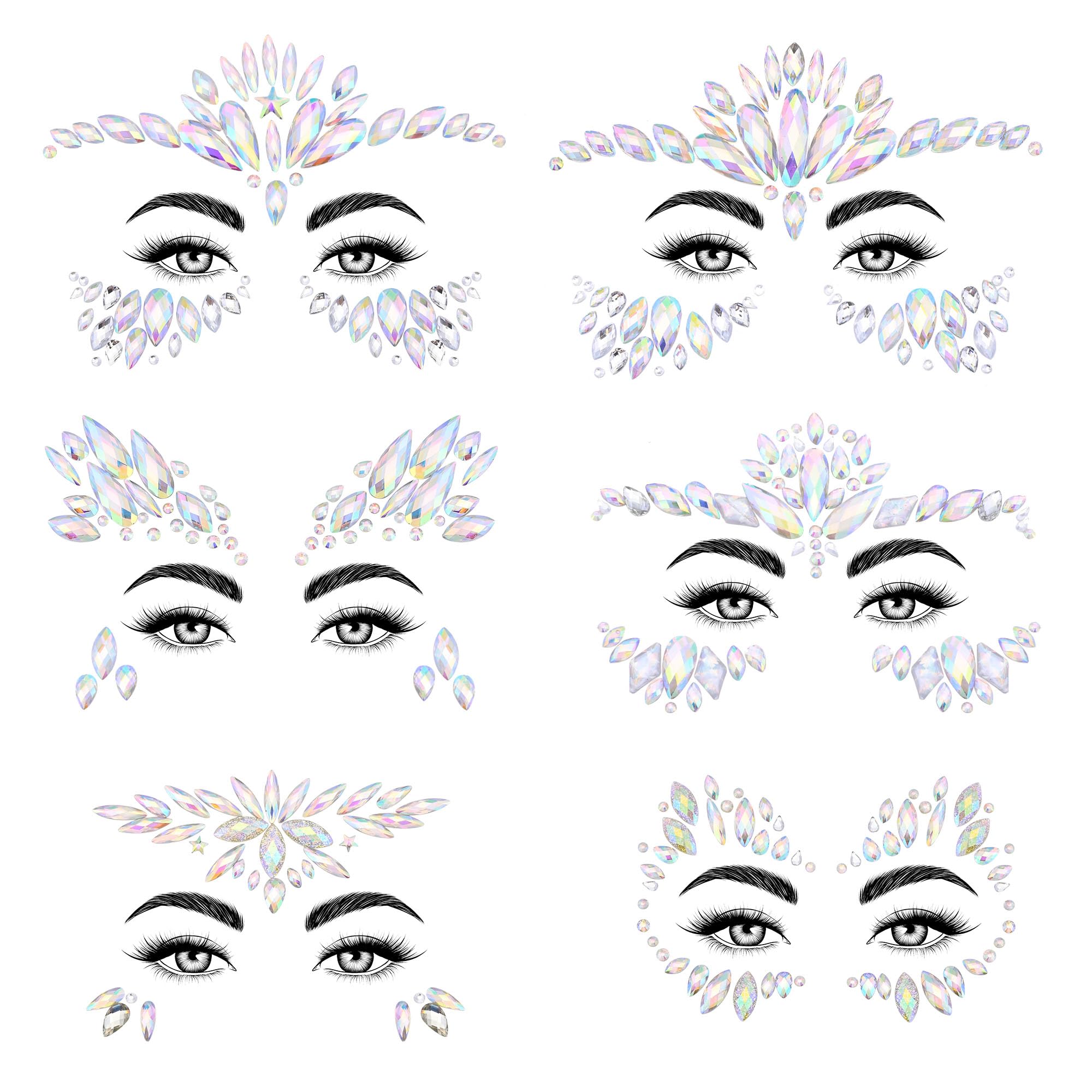 SAOROPEB Face Gems - 6 Sets Mermaid Face Jewels Temporary Tattoo Stickers Acrylic Crystal Glitter Stickers Waterproof Eye Gems Stick On Rainbow Tears Rhinestone for Party, Rave Festival