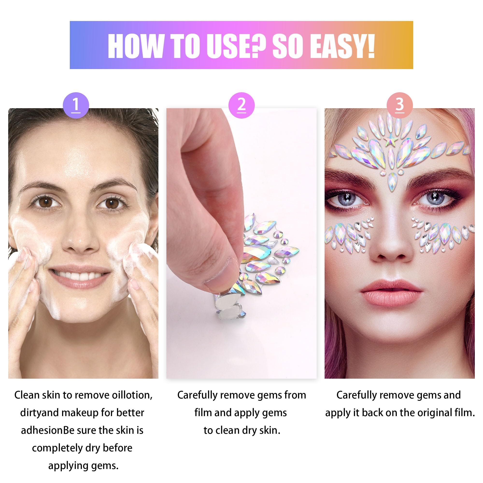 SAOROPEB Face Gems - 6 Sets Mermaid Face Jewels Temporary Tattoo Stickers Acrylic Crystal Glitter Stickers Waterproof Eye Gems Stick On Rainbow Tears Rhinestone for Party, Rave Festival