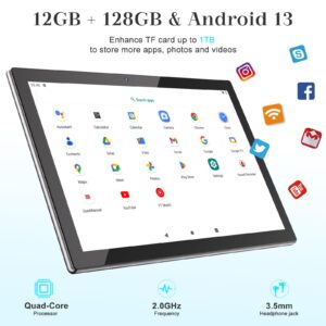 PEICHENG 2 in 1 Tablet, Android 13 Tablets 12GB RAM 128GB ROM 10 inch Tablet with Keyboard, 2.0Ghz Processor, 5Ghz/WiFi 6, Bluetooth 5.0, 10 Hours Battery Life, IPS Screen Tablet Pc, Black