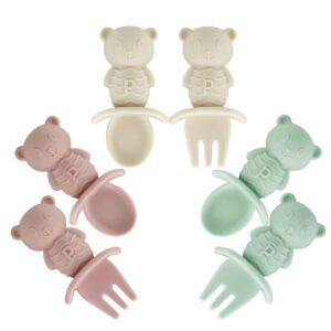 pandaear 6 pack baby led weaning spoons forks 6+ months | silicone baby spoons and fork self feeding utensils, toddler infant anti-choke feeding utensils, bear shape (pink green linen)