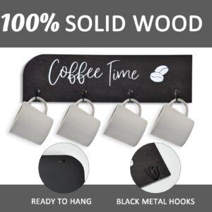 EMAISON Solid Wood Coffee Mug Holder Wall Mounted, Rustic Cup Rack with 12 Hooks Large Space for Big Cups for Kitchen, Home, Coffee Bar Station，Black