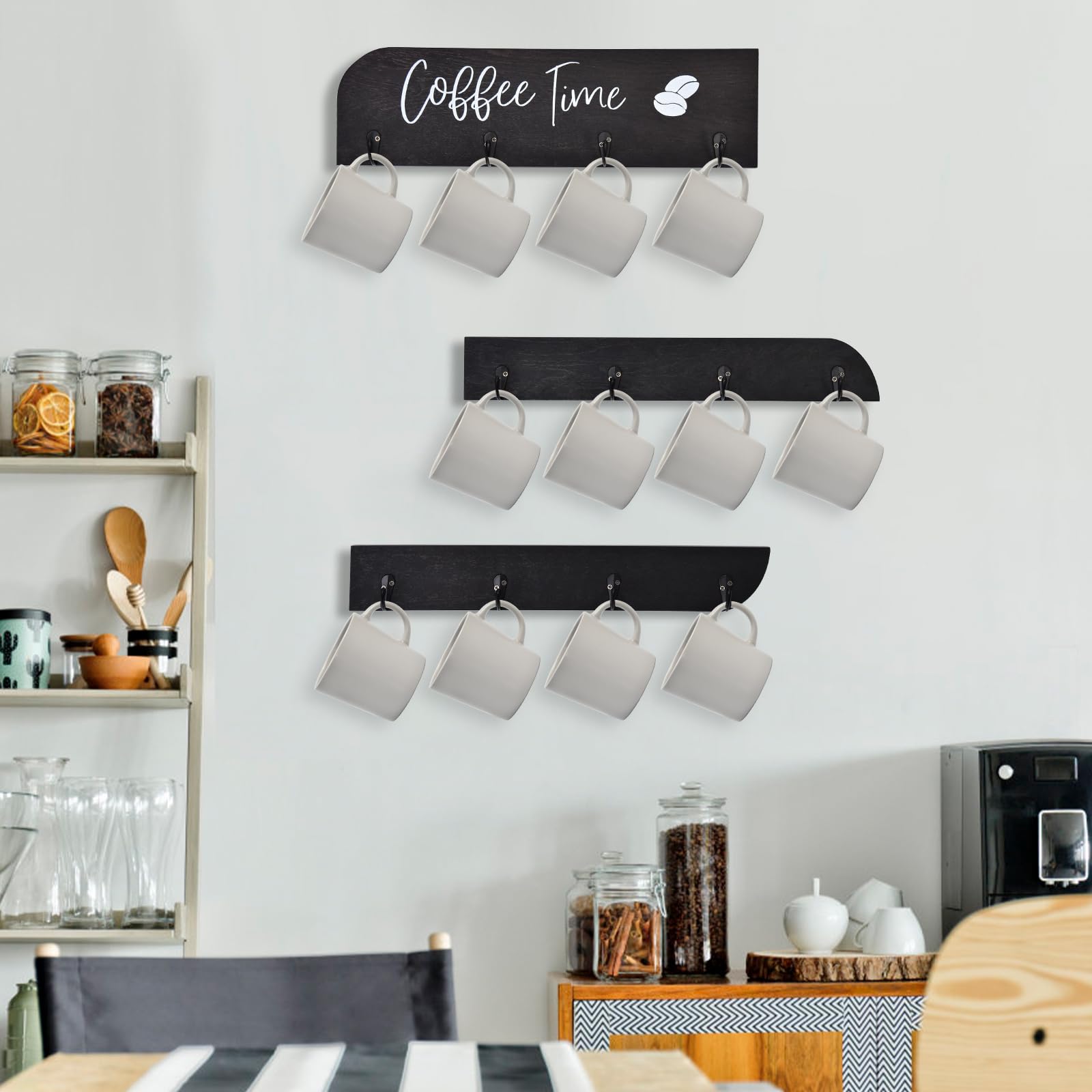 EMAISON Solid Wood Coffee Mug Holder Wall Mounted, Rustic Cup Rack with 12 Hooks Large Space for Big Cups for Kitchen, Home, Coffee Bar Station，Black