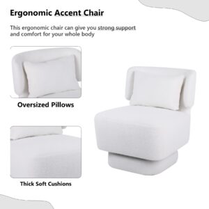 Nolohoo Swivel Barrel Chair Set of 2, 360 Degree Boucle Swivel Chair, Upholstered Teddy Fabric Swivel Chair with Pillow, Modern Round Swivel Accent Chair for Bedroom, Living Room, Hotel, White